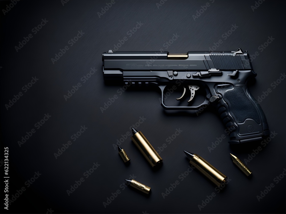 Hand gun banner or panorama pfoto on dark stone table top view ...