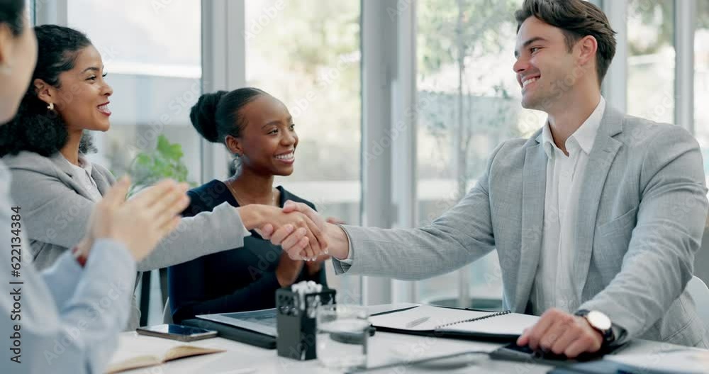 Applause, handshake and business people in congratulations for ...