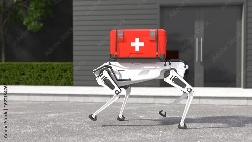 Robot dog Going to deliver the first aid box, Emergency medical care ...