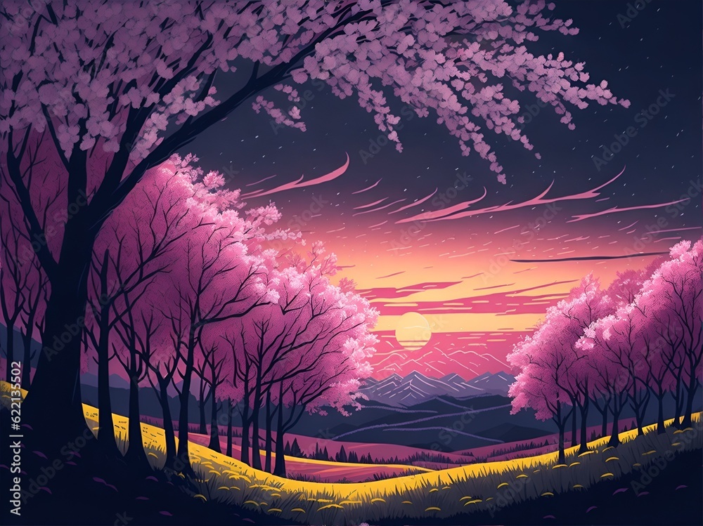 Beautiful spring landscape drawing. Sunset sky and cherry blossom trees ...