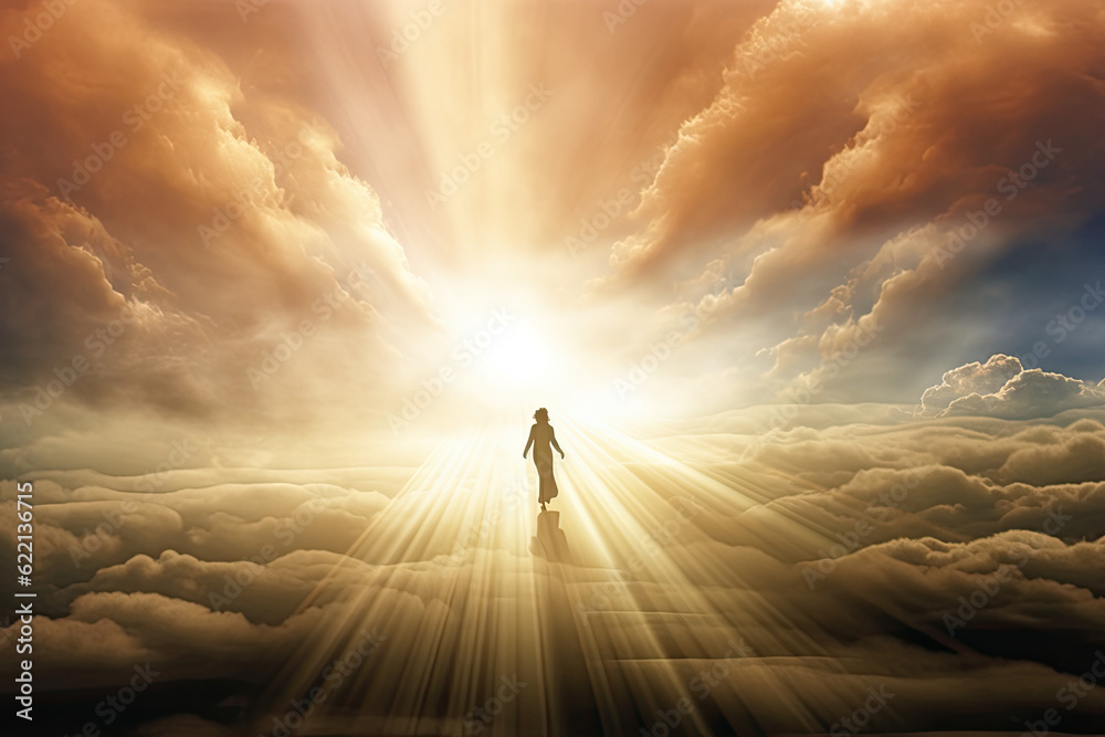 Silhouette of a person walking in the clouds in the heaven sky with ...