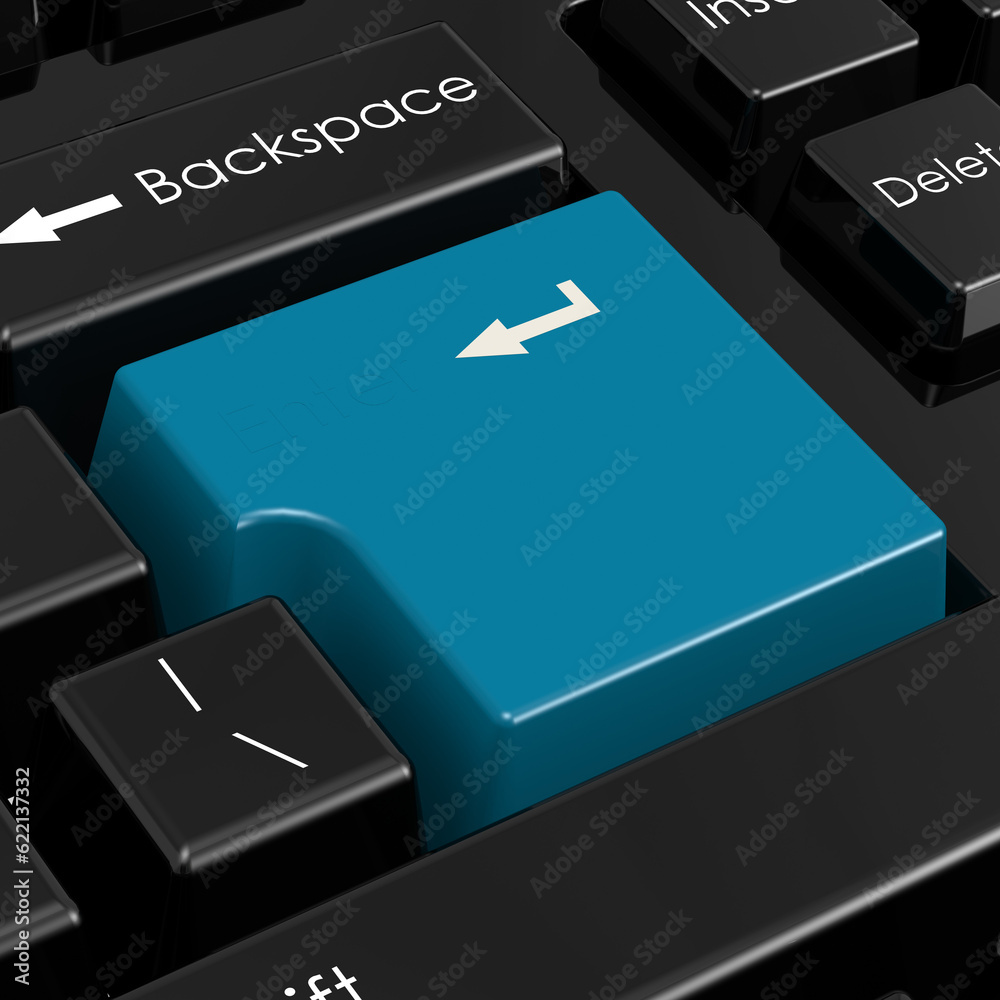 Blue enter button in black keyboard image with hi-res rendered artwork ...