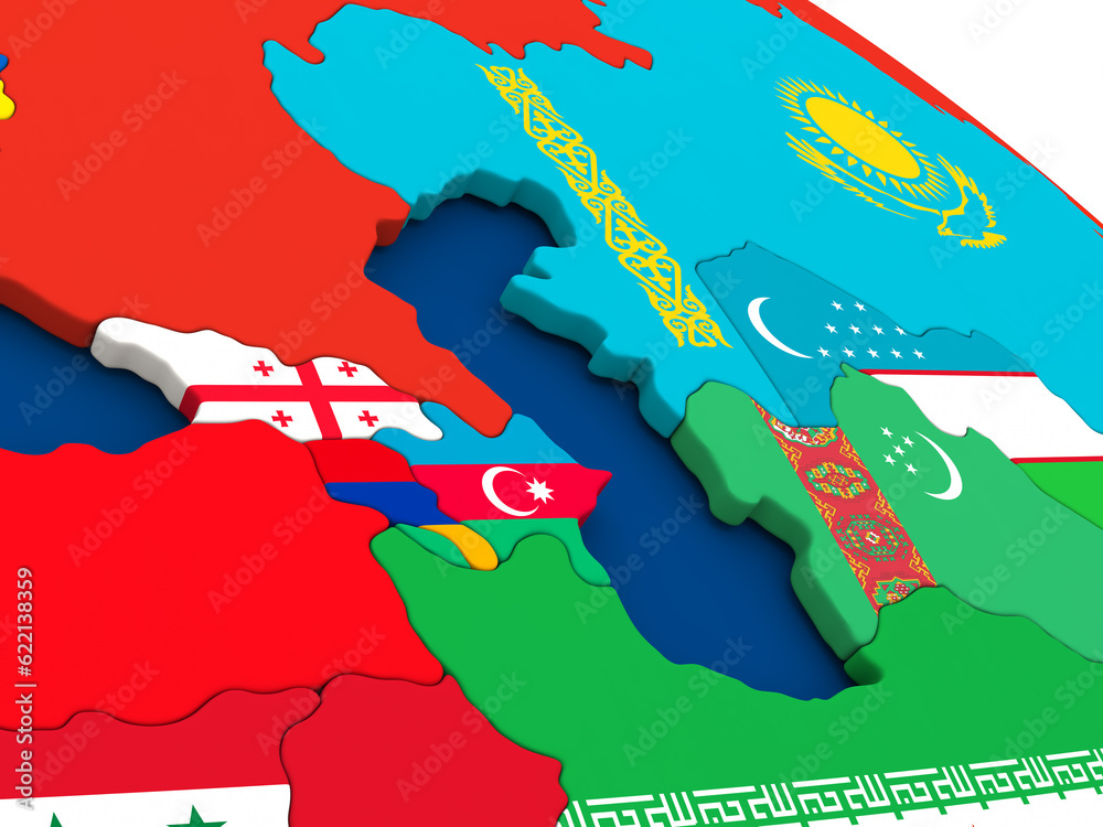 Map of Caucasus region on globe with embedded flags of countries. 3D ...