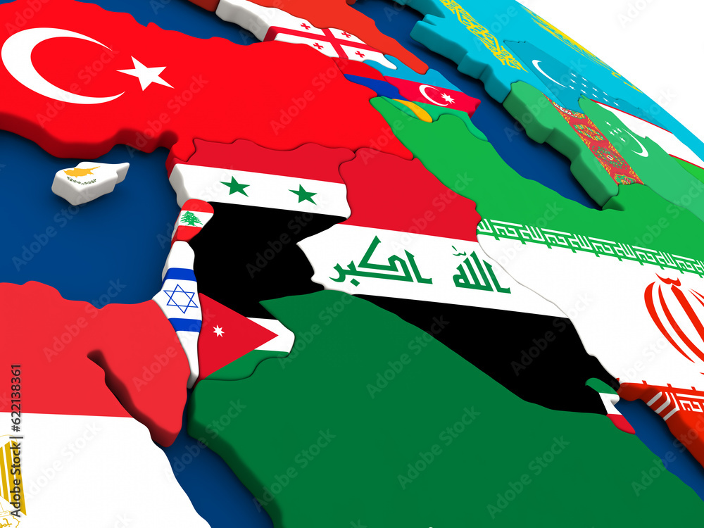 Map of Israel, Lebanon, Jordan, Syria and Iraq region on globe with ...