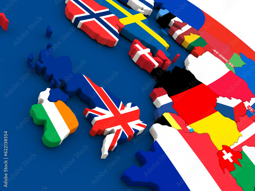 Map of United Kingdom on globe with embedded flags of countries. 3D ...