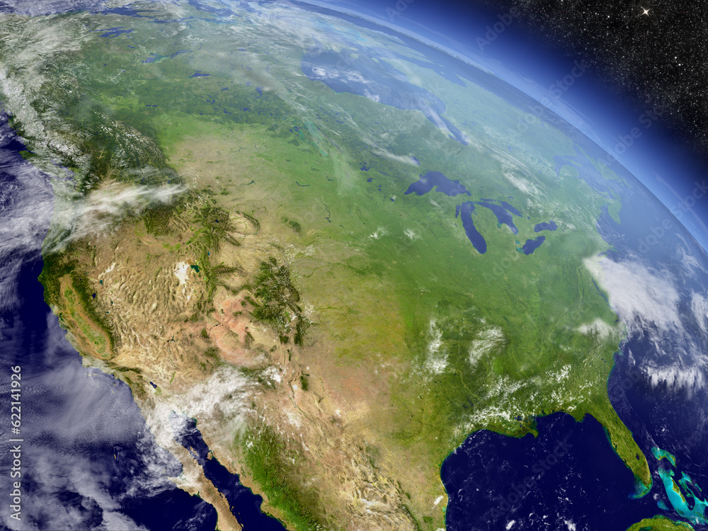 USA with surrounding region as seen from Earth's orbit in space. 3D ...