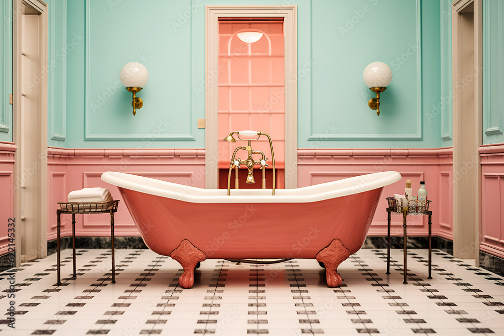 Generative AI. visual style in pink blue colors bathroom in retro style ...