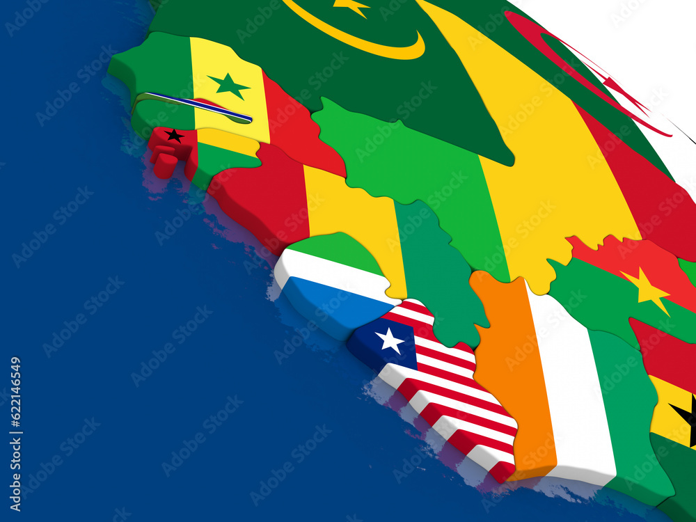 Map of Liberia, Sierra Leone and Guinea with embedded flags on 3D ...