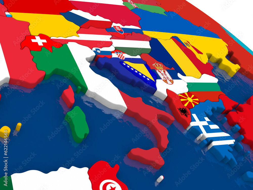 Map of Italy with embedded flags on 3D political map. Accurate official ...