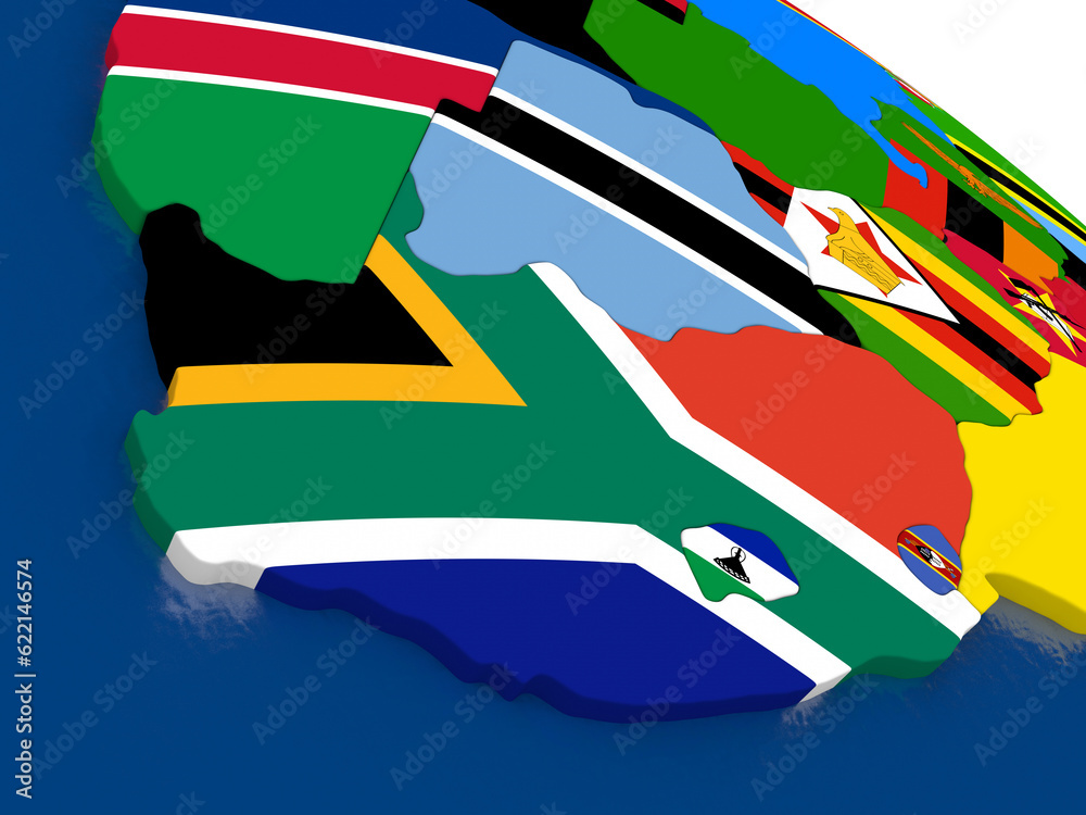 Map of South Africa with embedded flags on 3D political map. Accurate ...