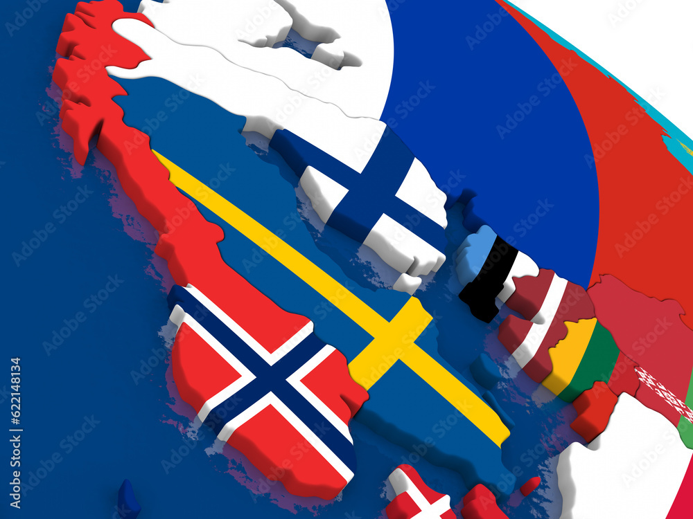 Map of Scandinavia with embedded flags on 3D political map. Accurate ...