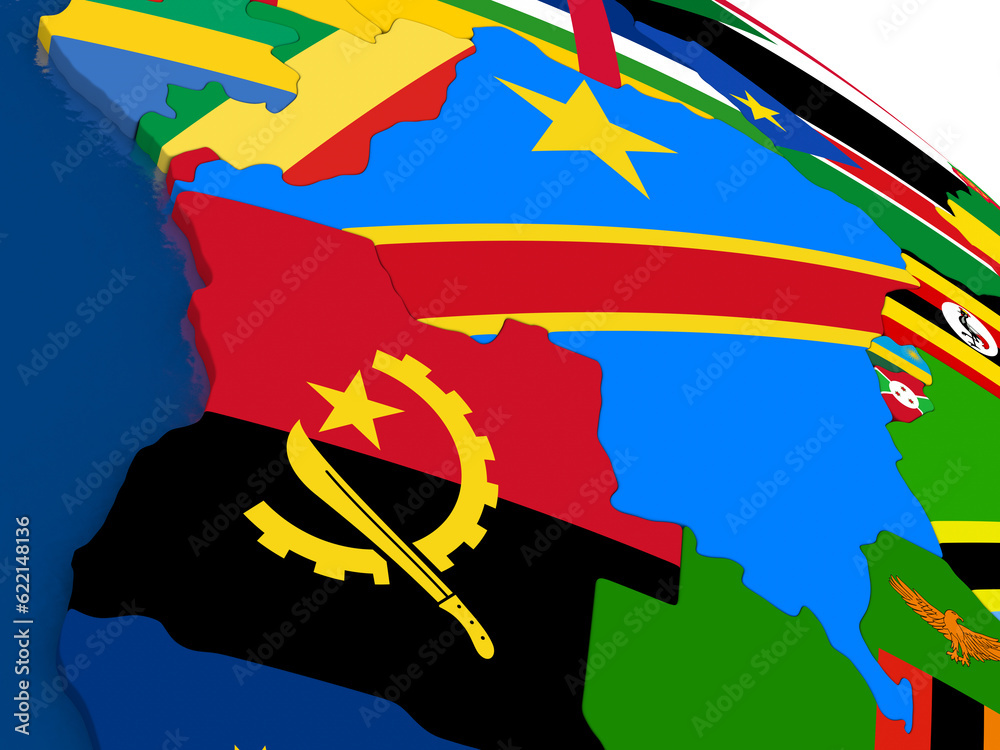 Map of Democratic Republic of Congo with embedded flags on 3D political ...