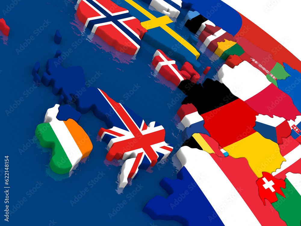 Map of United Kingdom with embedded flags on 3D political map. Accurate ...