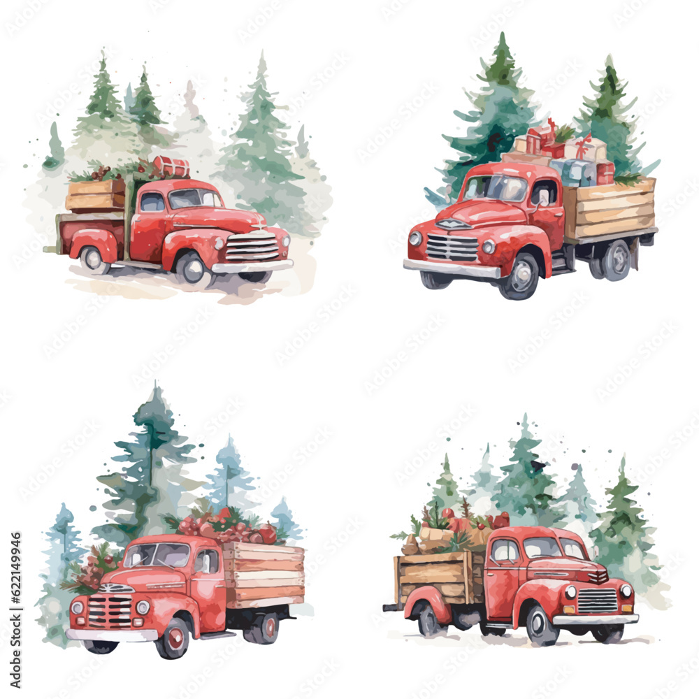 watercolor Christmas Red Truck clipart for graphic resources Stock ...