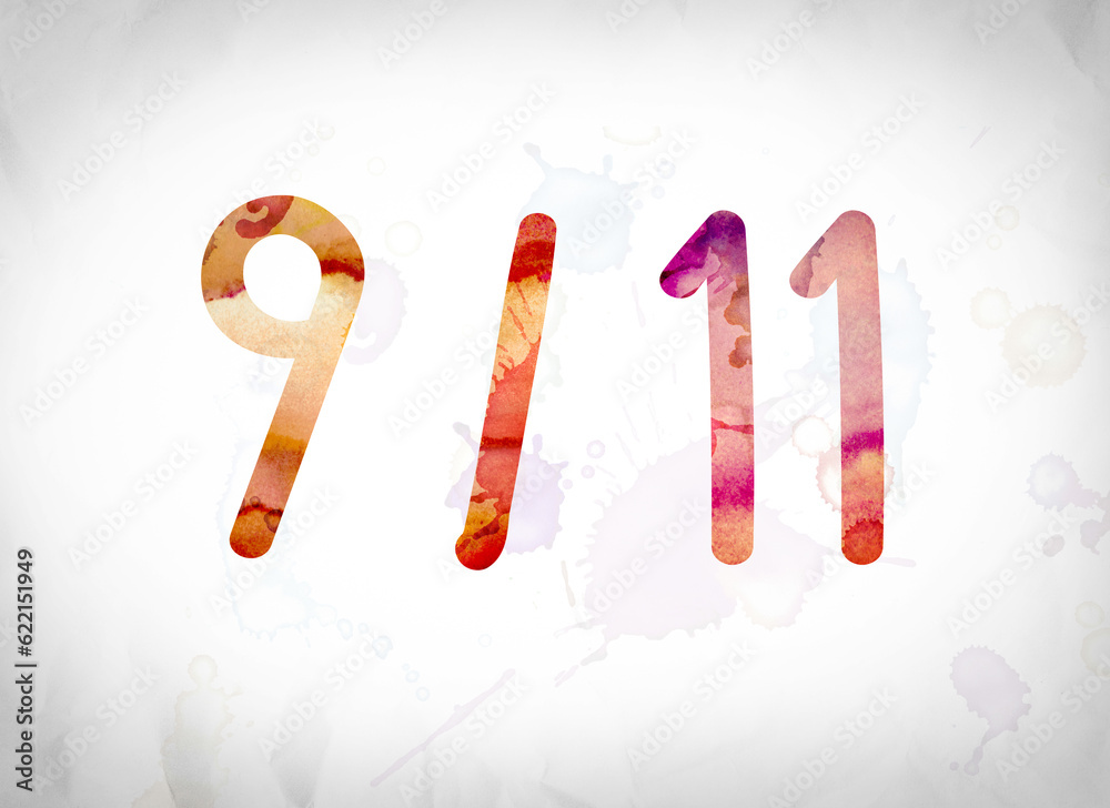 The word "9/11" written in watercolor washes over a white paper ...