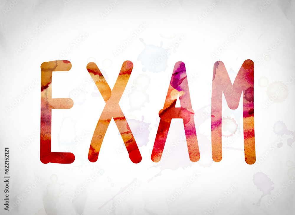 The word "Exam" written in watercolor washes over a white paper ...