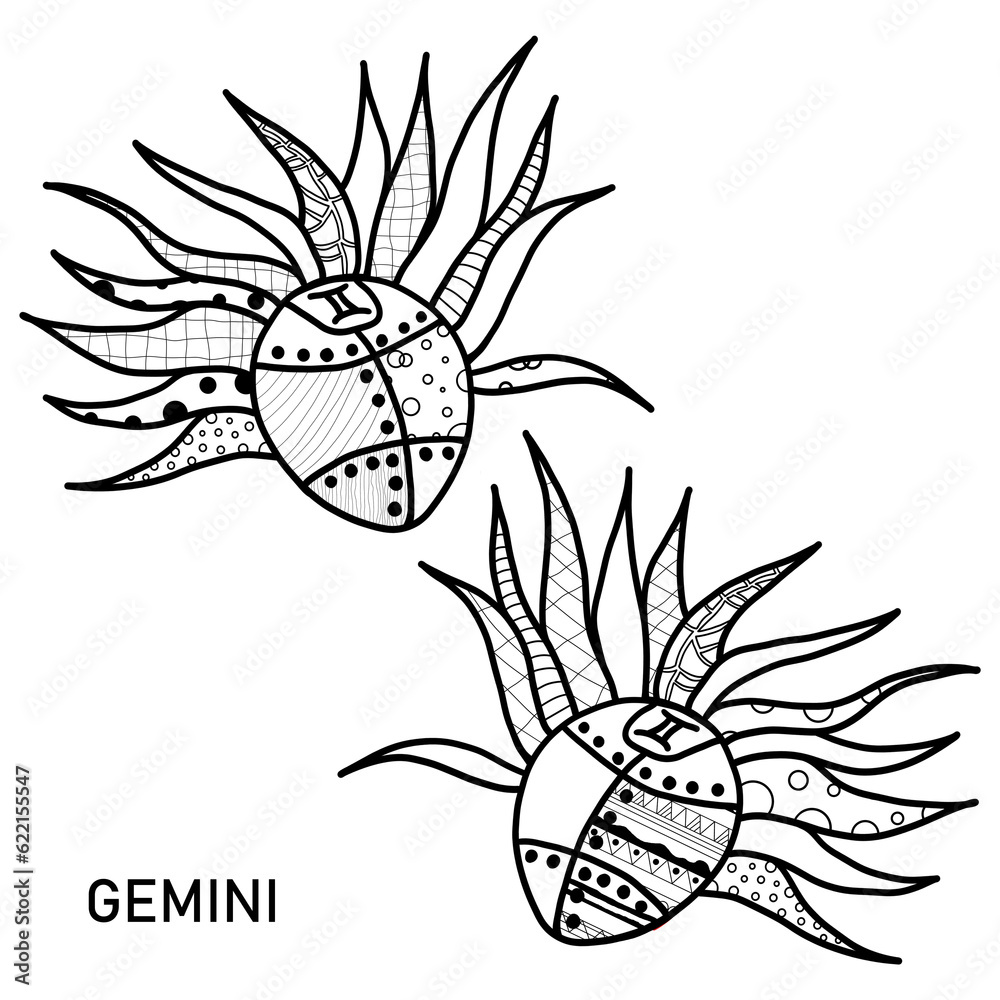 Gemini Zodiac Sign Coloring Page. Hand Drawn Coloring Book in Steampunk ...