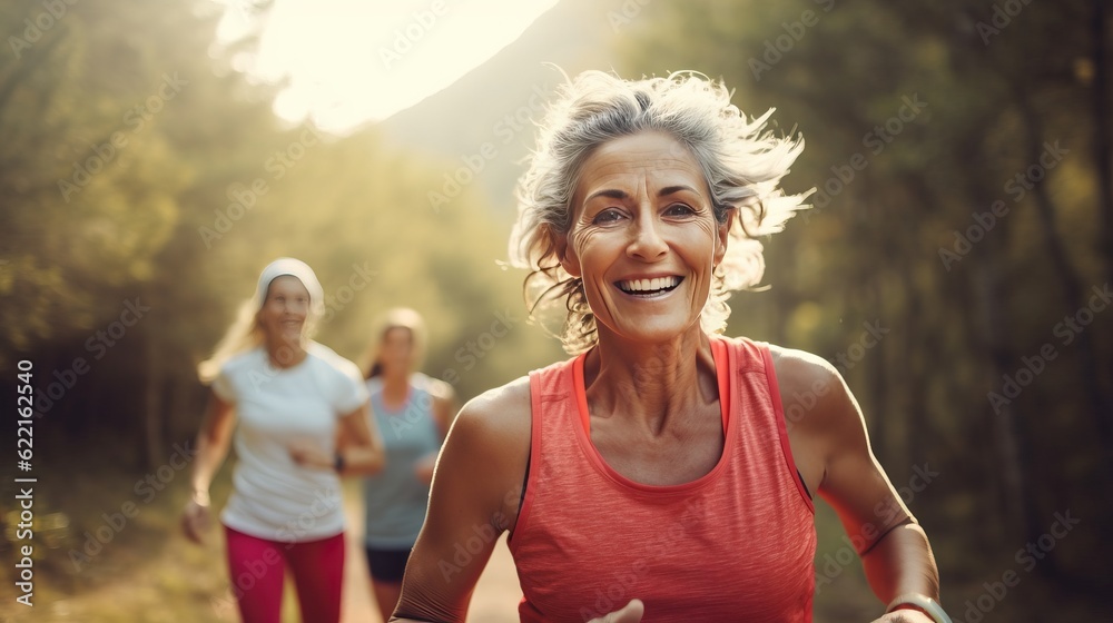 woman jogging in park. old woman and friends Forest, running wellness ...