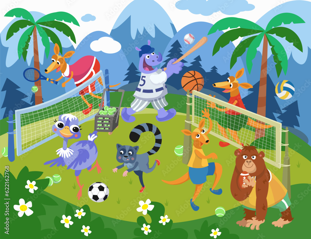 Cute animals playing sports. Balls, rackets, nets. Sports games on the ...