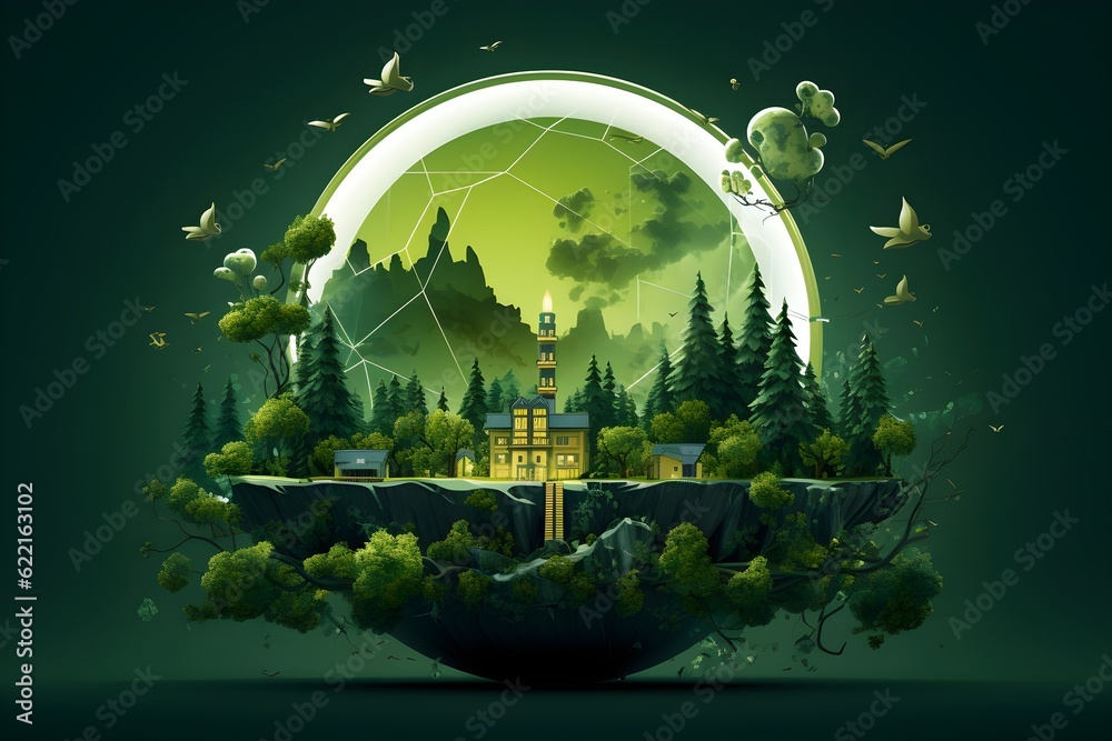 Green Planet With House And Trees In The Water Eco Friendly Banner