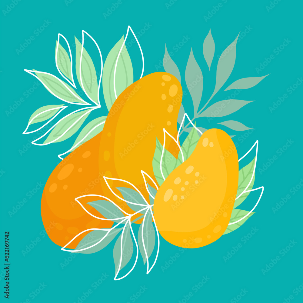 Vector tropical mango illustration with foliage on a turquoise ...