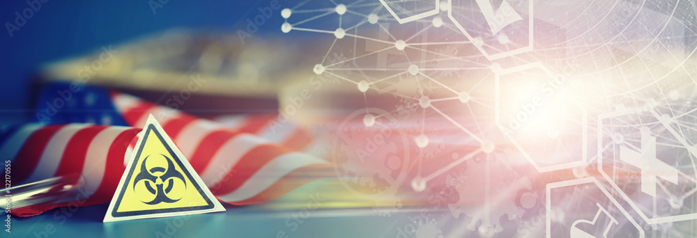 American flag, test tubes and biohazard sign. The concept of American ...