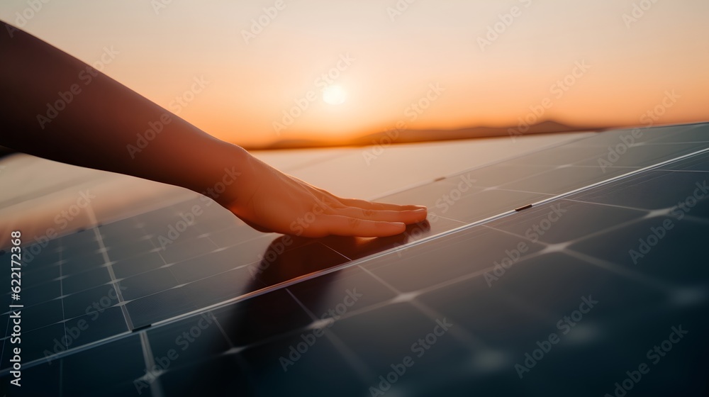 A hand reaches out to touch a solar panel, embodying the human ...