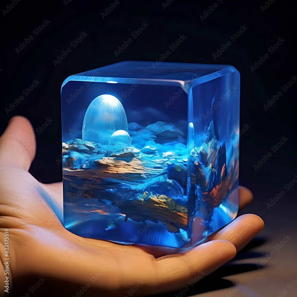 miniature Moon and Moon light on the sea floor on a piece of blue ...