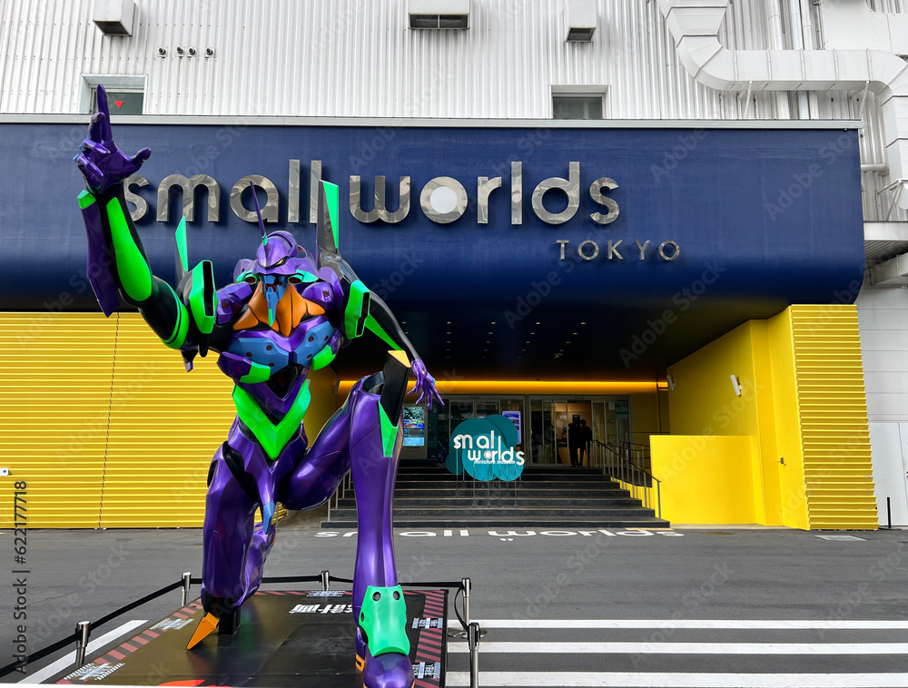 Tokyo - May 2 2023: the neon genesis evangelion display at small worlds ...
