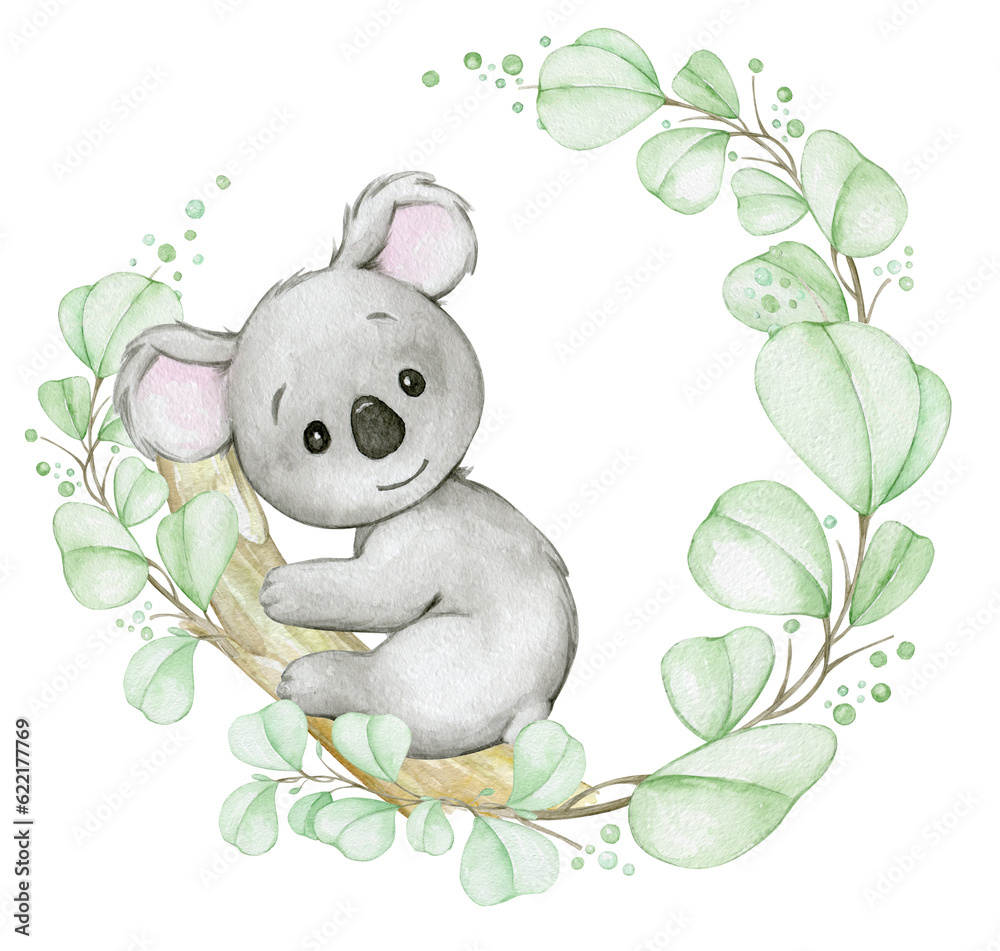 Koala is sitting on a tree, surrounded by branches of a plant ...