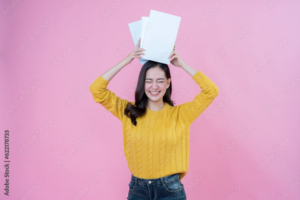 half body photo Asian female student with long hair smiling and closing ...