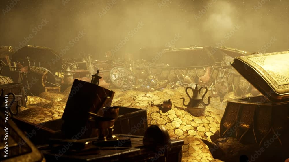 A huge ancient treasure with gold coins, gold artifacts, chests full of ...