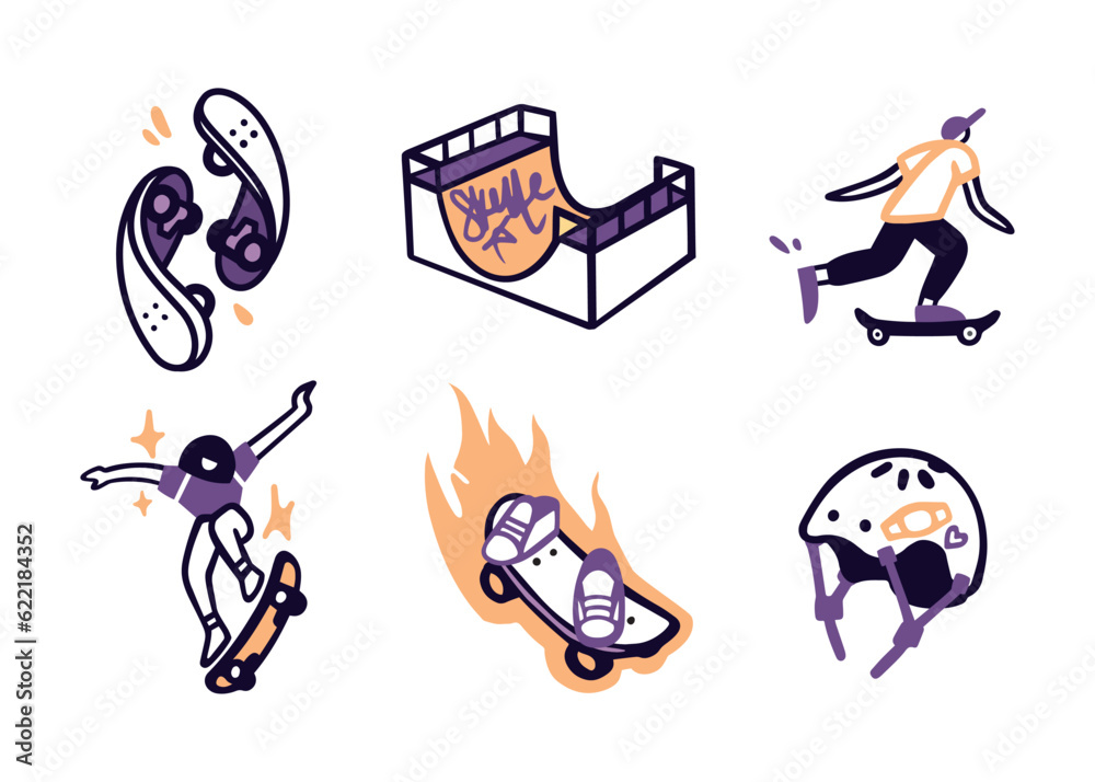 A set of stickers on a white background about skateboarding and street ...