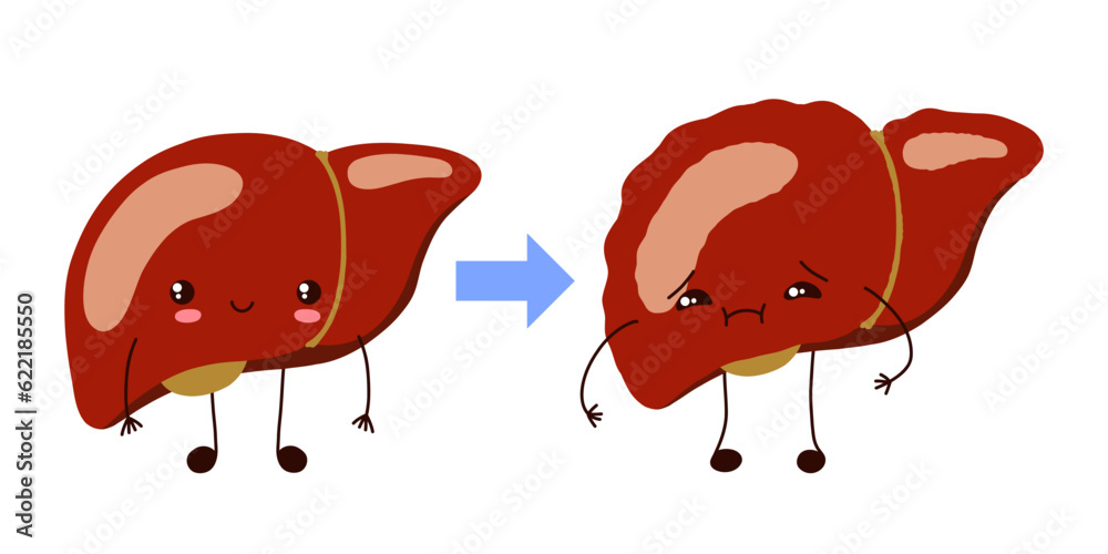 Healthy happy and sad sick liver characters. Liver disease. Cute kawaii ...