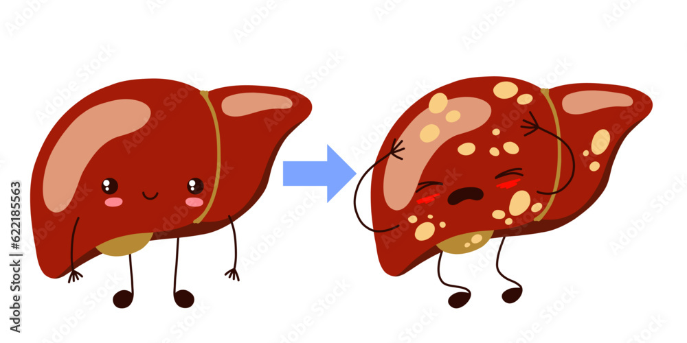 Healthy happy and sad sick liver characters. Cute kawaii liver ...