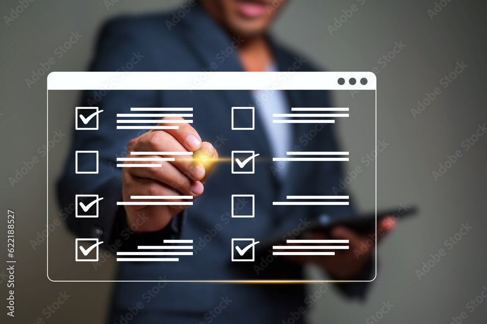 Online survey and Quick checklist concept, businessman filling a ...