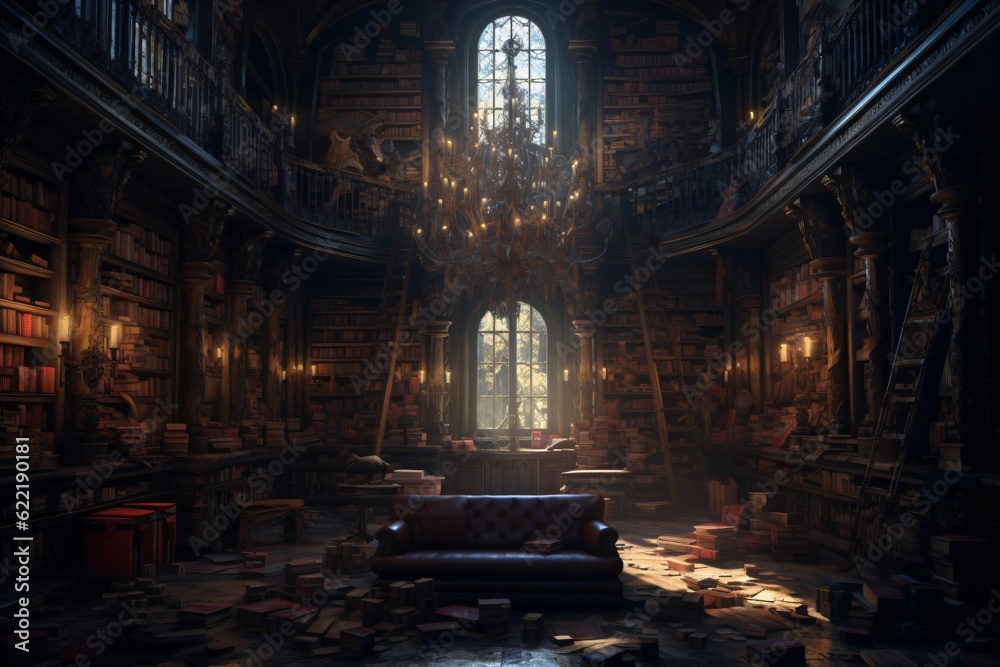medieval library, gothic reading room interior with desks, old ...