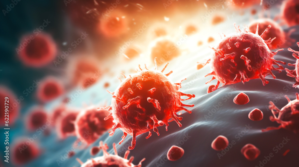 The vibrant image showcases a microscopic view of tumor cells in an ...