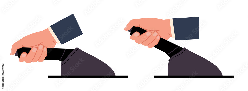 Hand presses and releases handbrake. Automobile parking brake lever ...