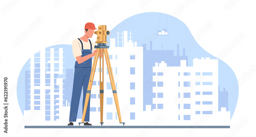 Poster Surveyor takes measurements with equipment at site under ...