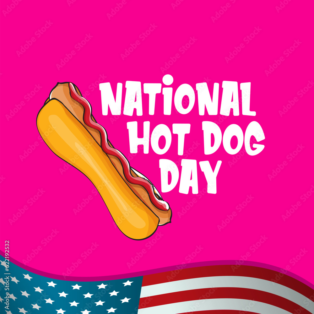 National hot dog day poster with funny cartoon hot dog. Hot dog day ...