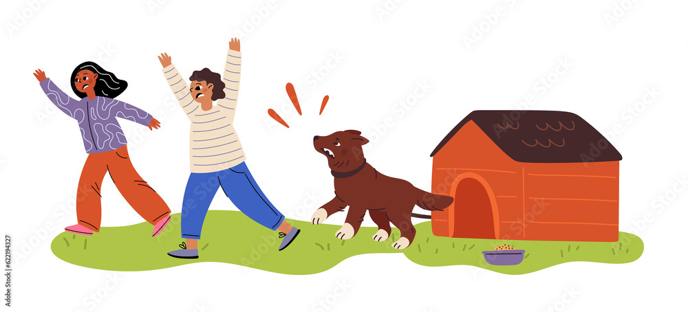 Children run away from evil chain dog. Kids phobia. People afraid of ...