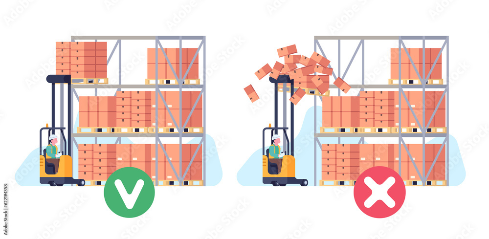 Correct and incorrect forklift stacking of pallets of boxes on rack in ...