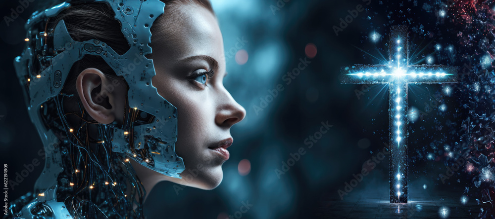 Faith at the Artificial Intelligence Age. Cyborg woman and christian ...