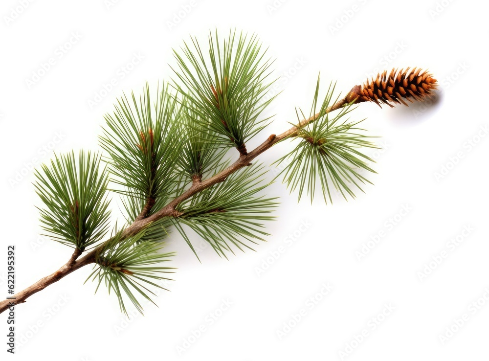 Top view of green fir tree spruce branch with needles isolated on white background. Created with ...