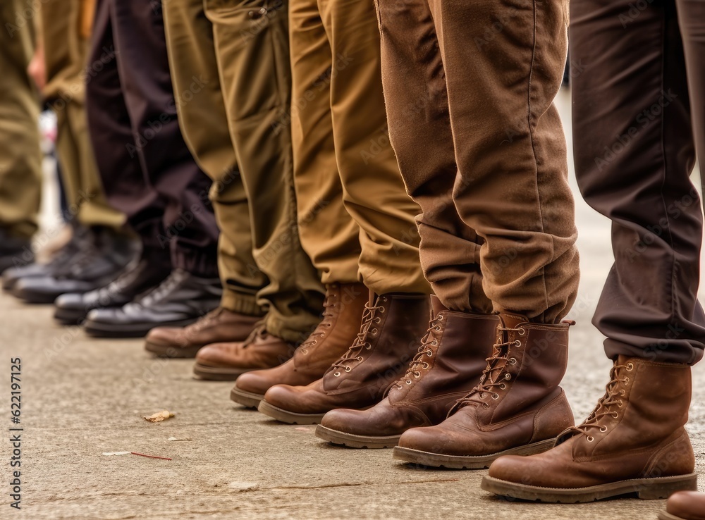Military boots on the legs of soldiers in a row. Created with ...