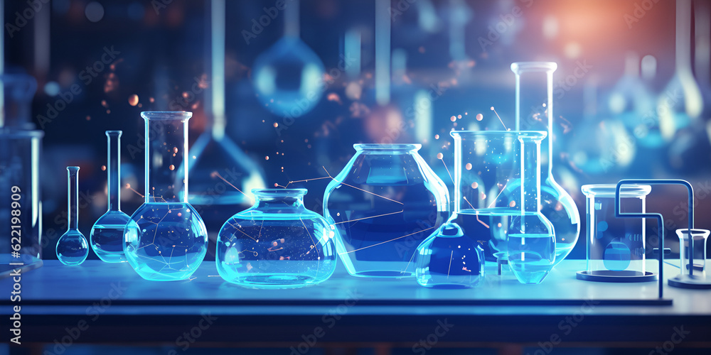 Foto de Chemical Experiment Laboratory Apparatus on Blue Background ...