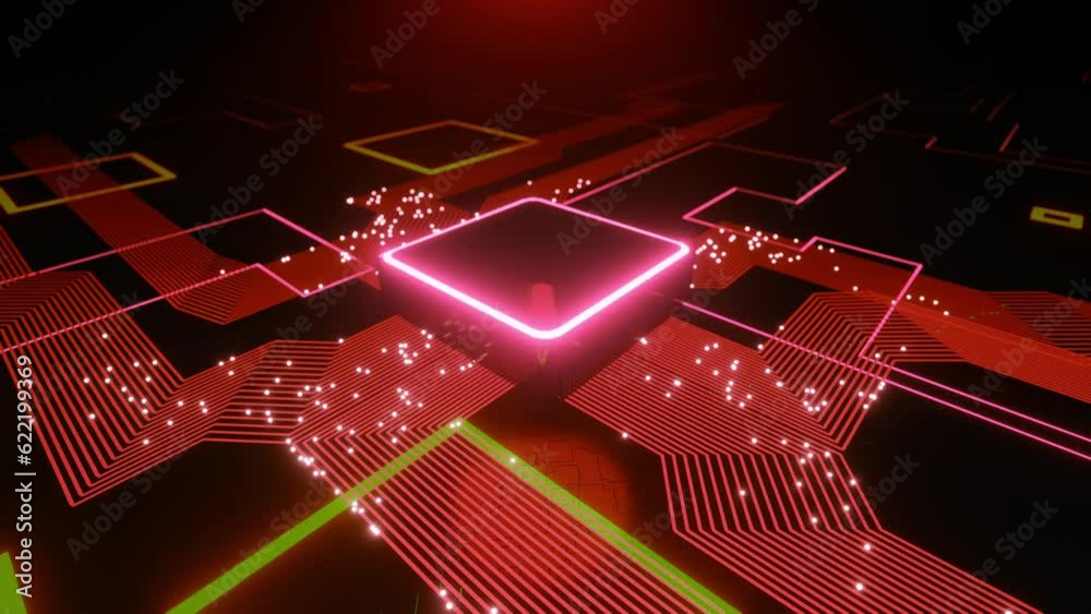 Seamless loop High Tech CPU Processing Data 3D animation. Signals from the chip are flowing. red ...