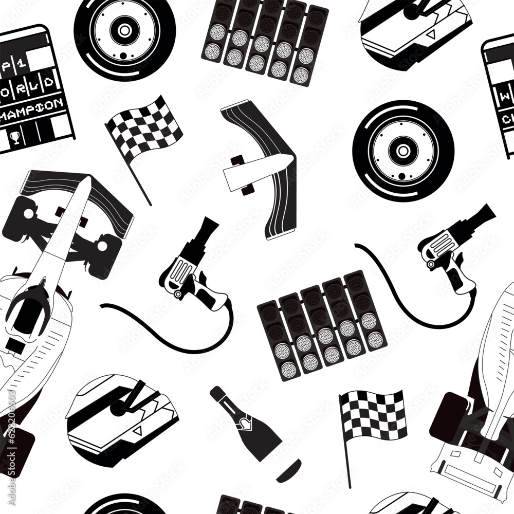 Formula 1 seamless pattern. Types of tire, car, helmet, pit stop ...