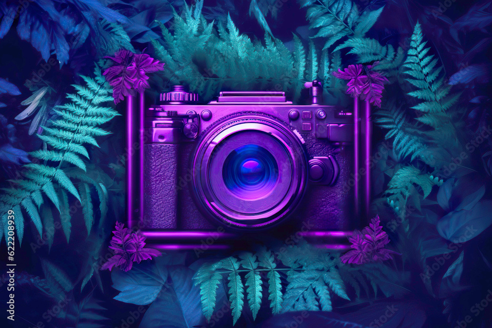 Purple neon frame with camera in center on leaves surrounded by ferns ...